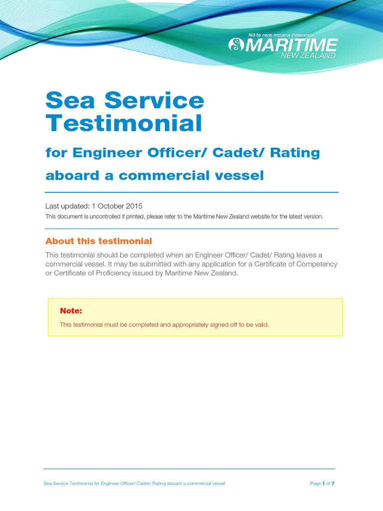 Sea Service Testimonial Engineer Cadet Rating PDF | PDF | Ships | Shipping