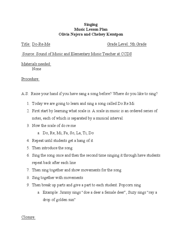 5th Grade Do-Re-Mi Music Lesson Plan | PDF | Neuropsychological ...