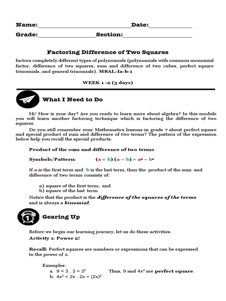 Factoring Difference Of Two Squares PDF Factorization Algebra