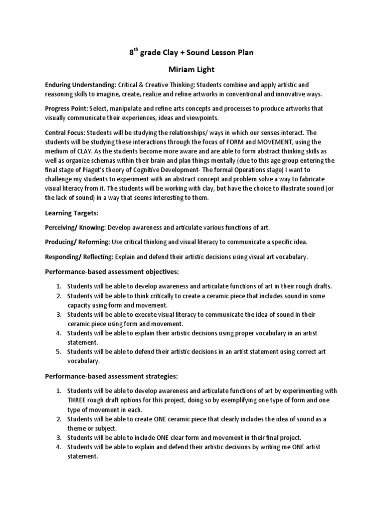 8 Grade Clay + Sound Lesson Plan Miriam Light: Learning Targets ...