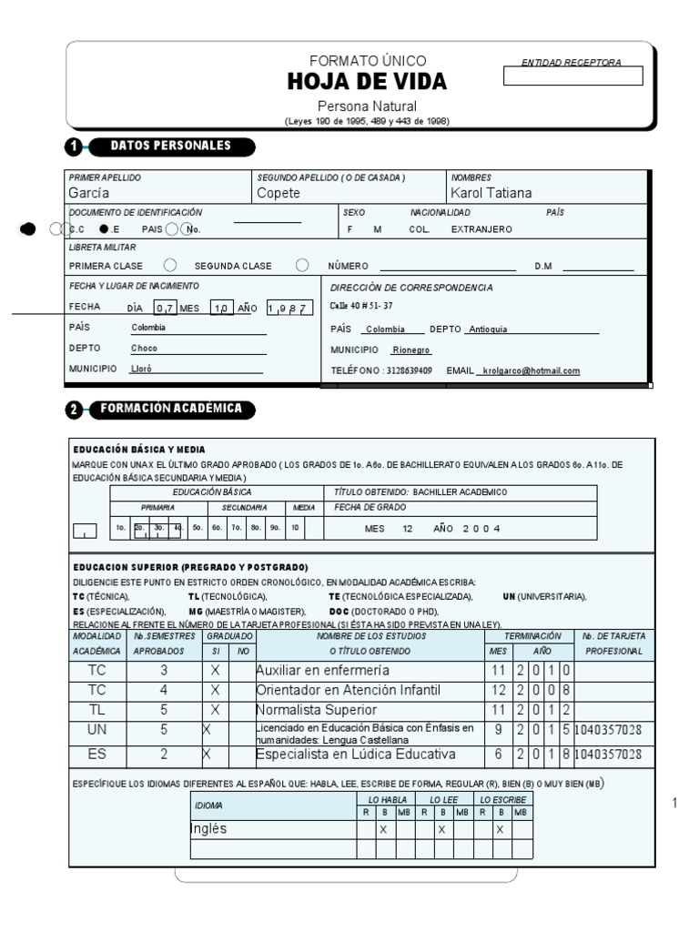 Formato Unico de Hoja de Vida DAFP Tolima | PDF | Colombia | Etapas ...