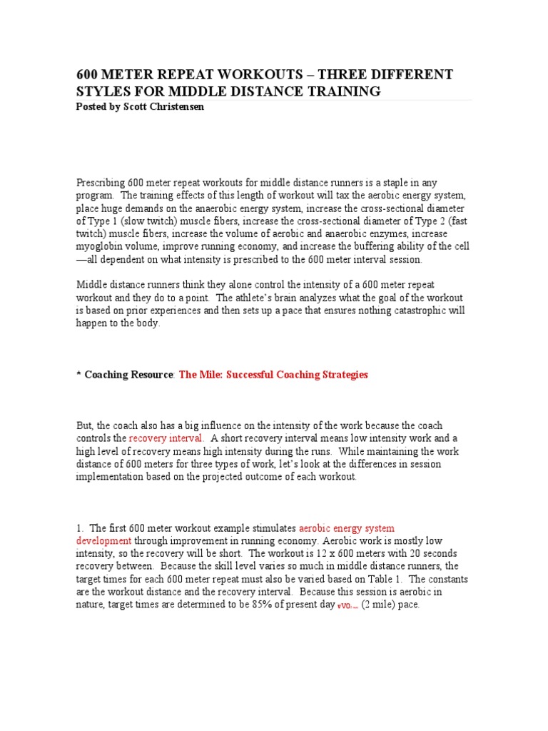 600 Meter Repeat Workouts | PDF | Long Distance Running | Physiology