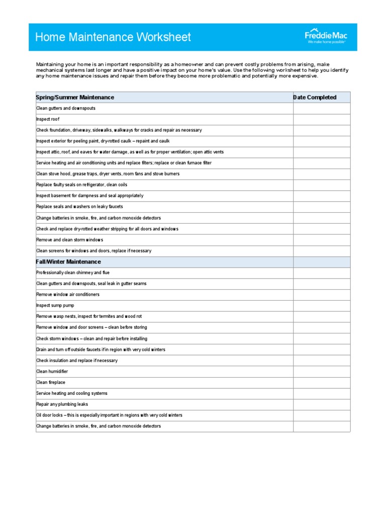 Home Maintenance Worksheet: Spring/Summer Maintenance Date Completed | PDF