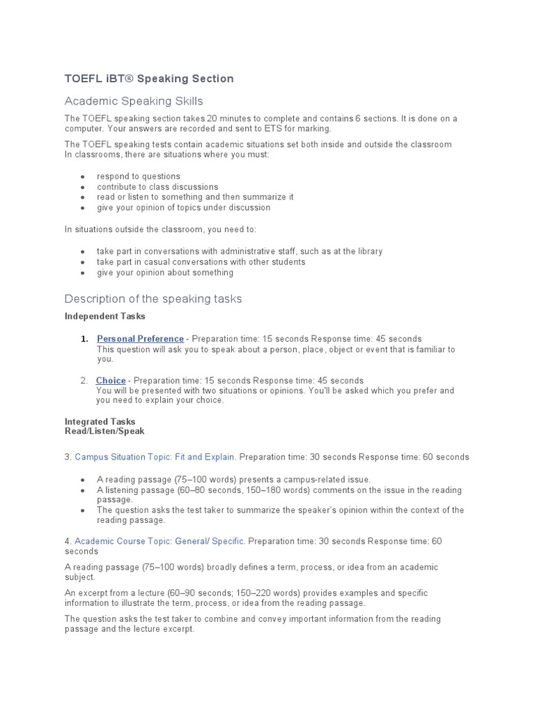 TOEFL iBT Speaking Format | PDF | Test Of English As A Foreign Language ...