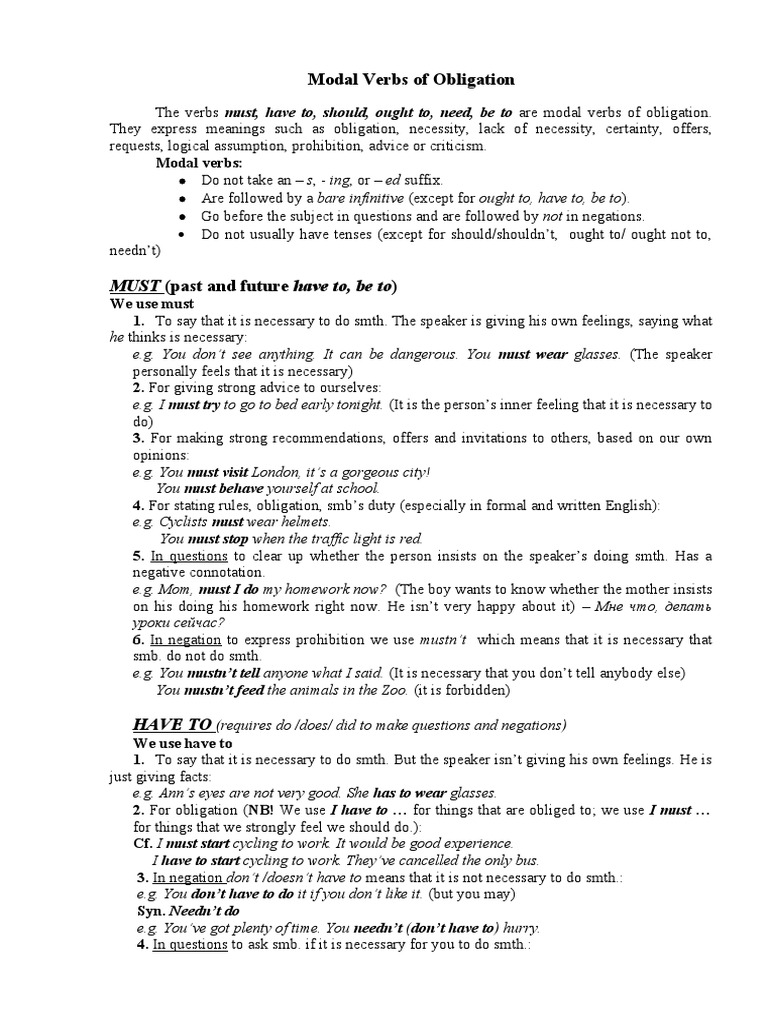 Modal Verbs of Obligation | PDF | Grammar | Linguistic Morphology