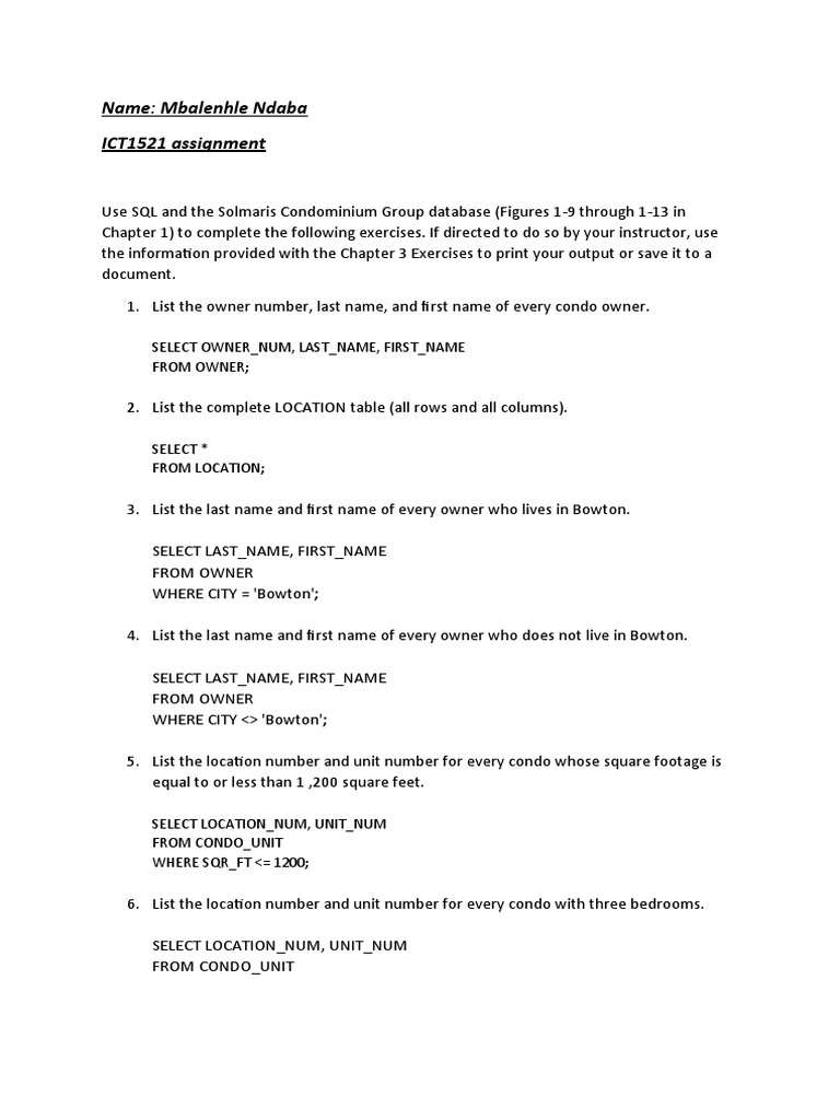 Name: Mbalenhle Ndaba ICT1521 Assignment: Select Owner - Num, Last - Name, First - Name From ...