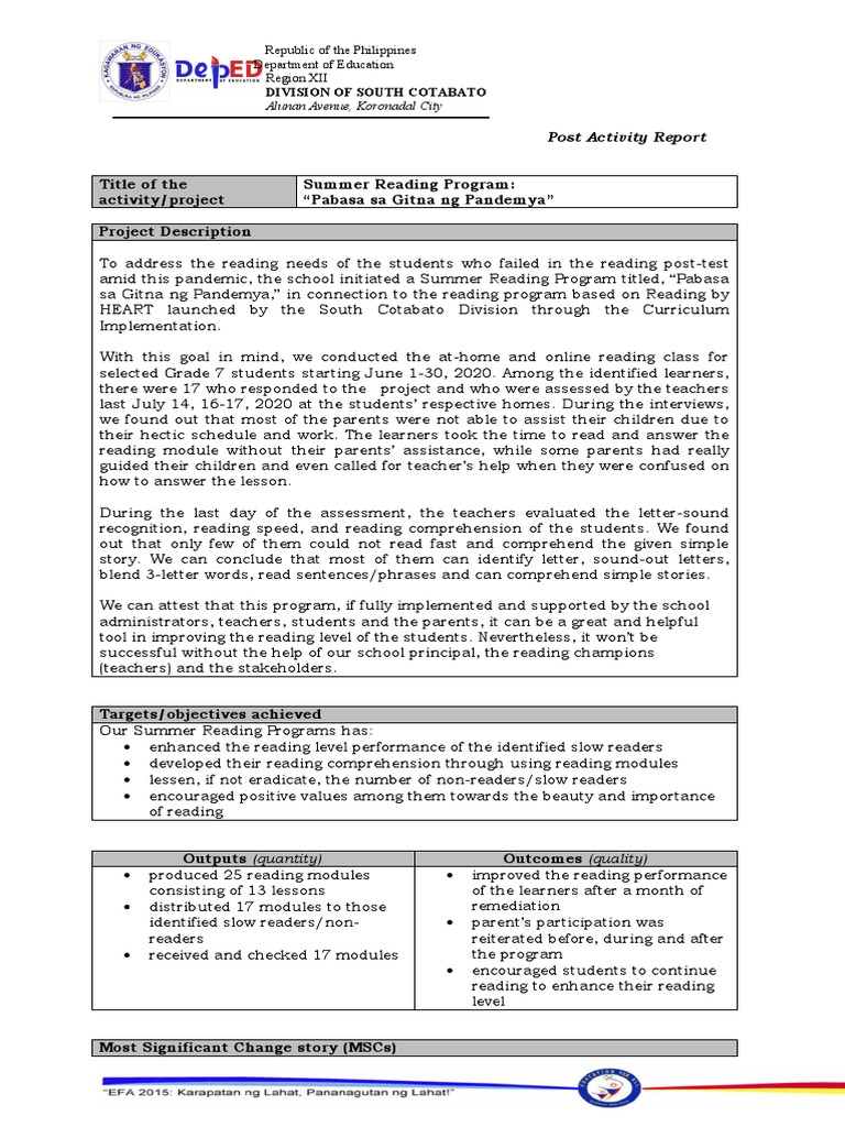 Post Activity Report Template | PDF | Reading Comprehension | Teachers