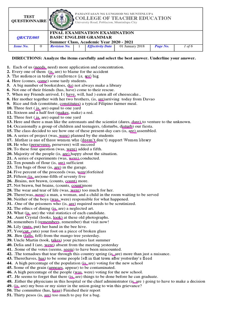 English Grammar - FINAL EXAM | PDF