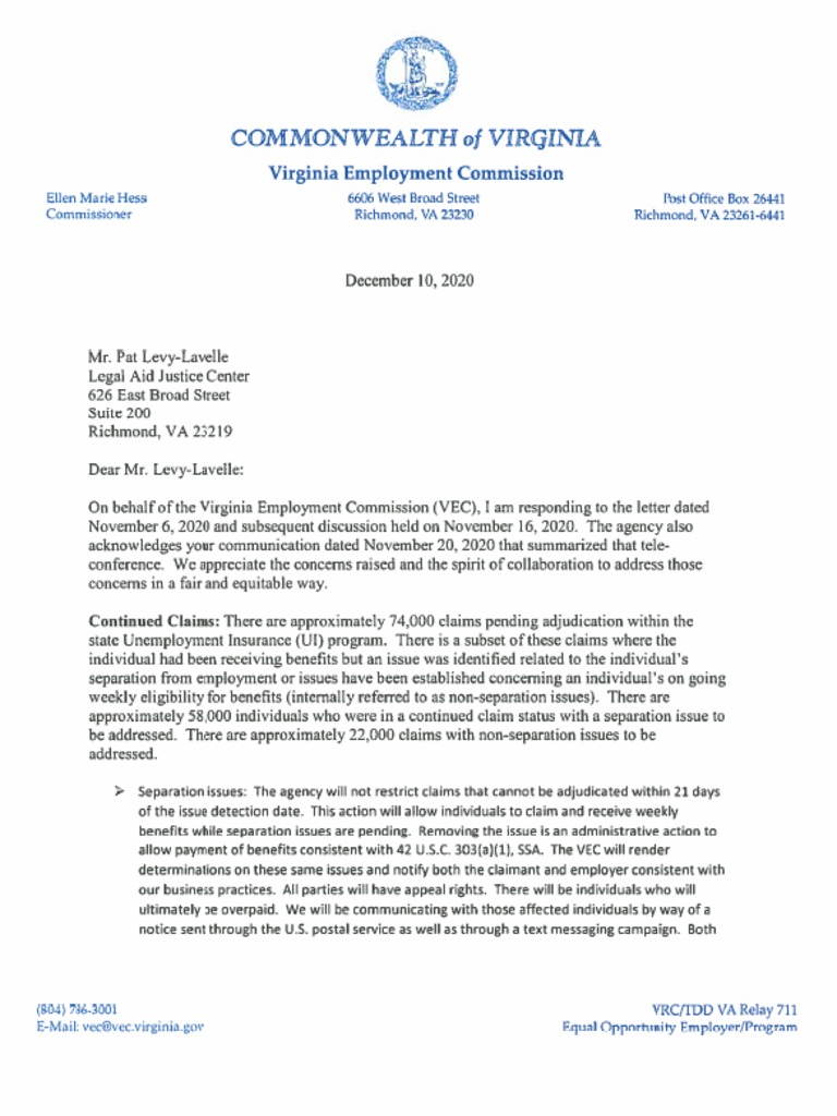 VEC Letter To Legal Aid Justice Center Dec 2020 | PDF VEC Letter To Legal Aid Justice Center Dec 2020 | PDF