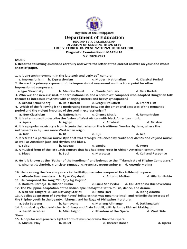 Diagnostic Test MAPEH 10 | PDF | Dances | Massage