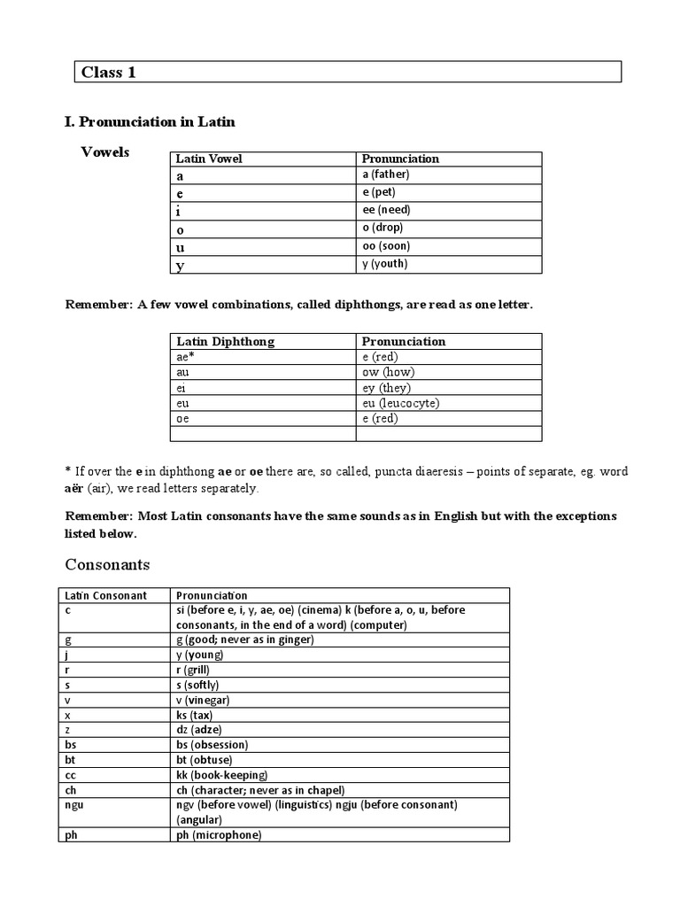 Class 1: I. Pronunciation in Latin Vowels | PDF | Semiotics | Syntactic ...