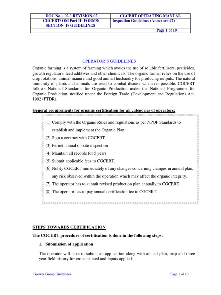 Operator'S Guidelines: General Requirements For Organic Certification ...