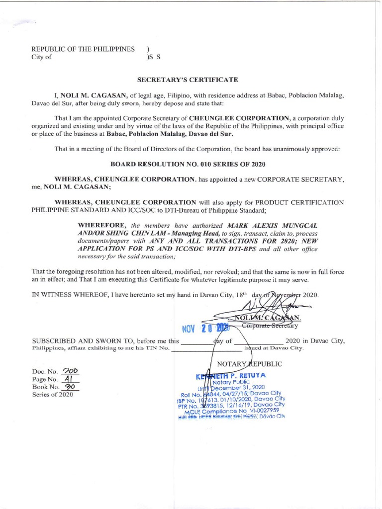 Secretary Certificate - Opt | PDF