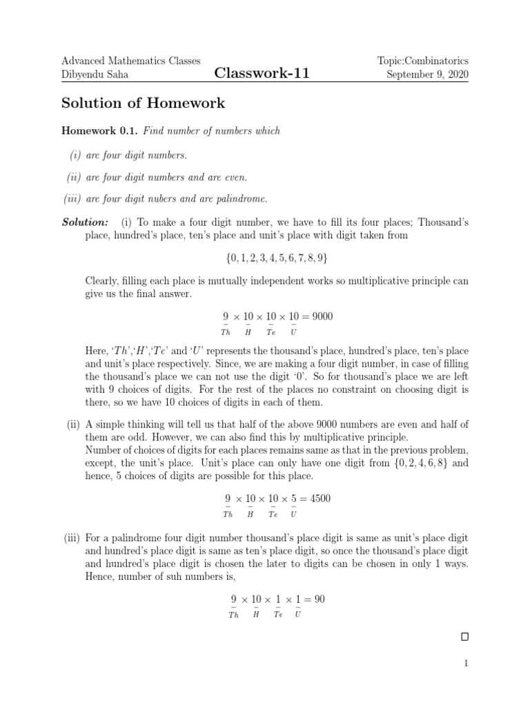 Classwork-11 Solution of Homework: TH H Te U | PDF | Permutation | Combinatorics