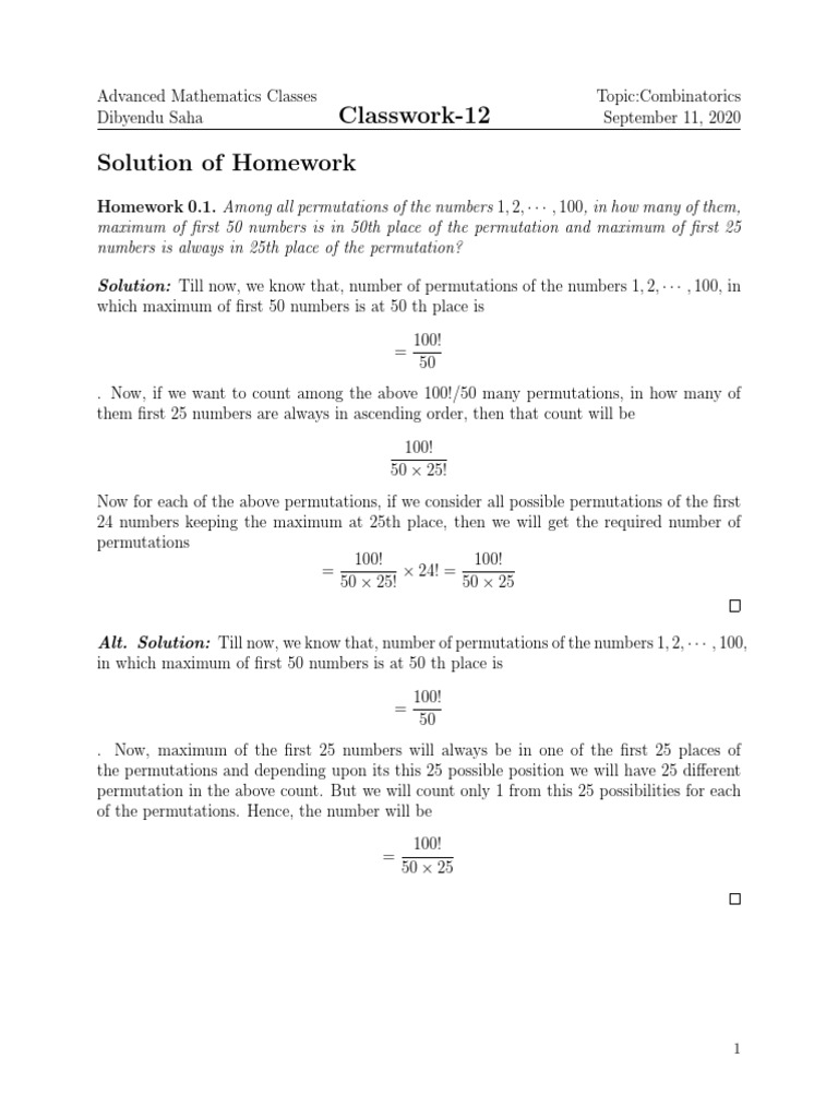 Classwork-12 Solution of Homework | PDF | Permutation | Combinatorics