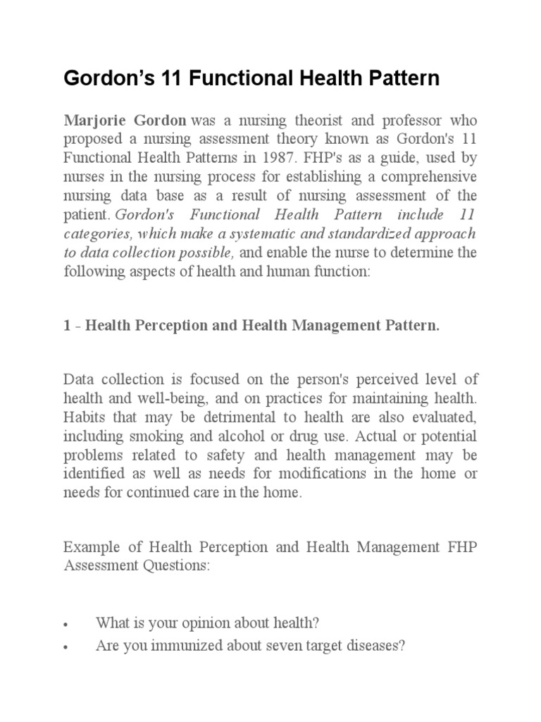 Gordon's 11 Functional Health Patterns | PDF | Perception | Urinary ...
