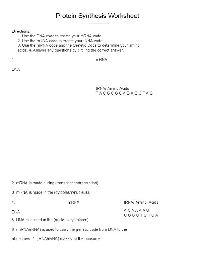 Protein Synthesis Worksheet | PDF