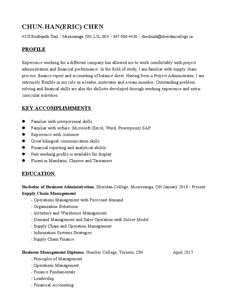 Chunhan Chen Resume | PDF | Operations Management | Supply Chain