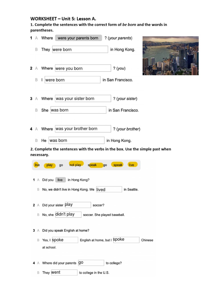 WORKSHEET - Unit 5: Lesson A.: Were Born | PDF