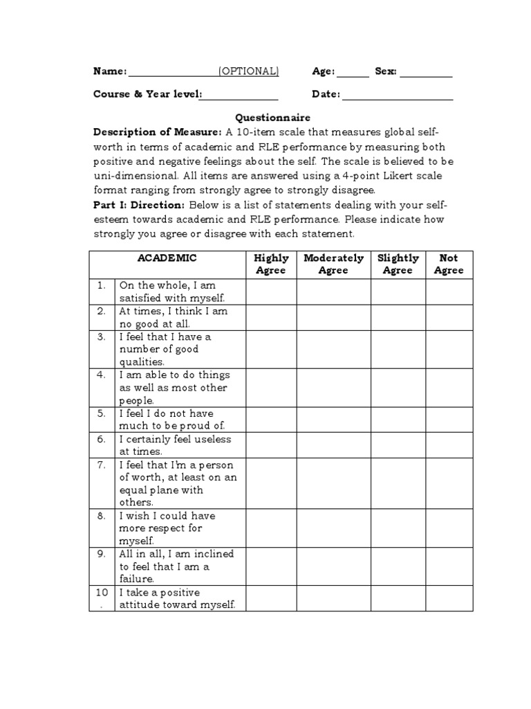 Questionnaire Rle Acad | PDF | Self Esteem | Psychological Concepts
