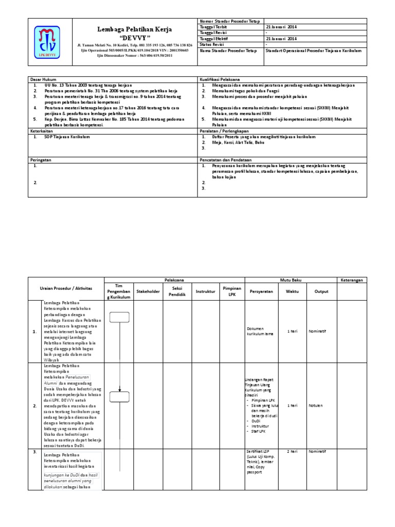 SOP Tinjauan Kurikulum LPK DEVVY | PDF