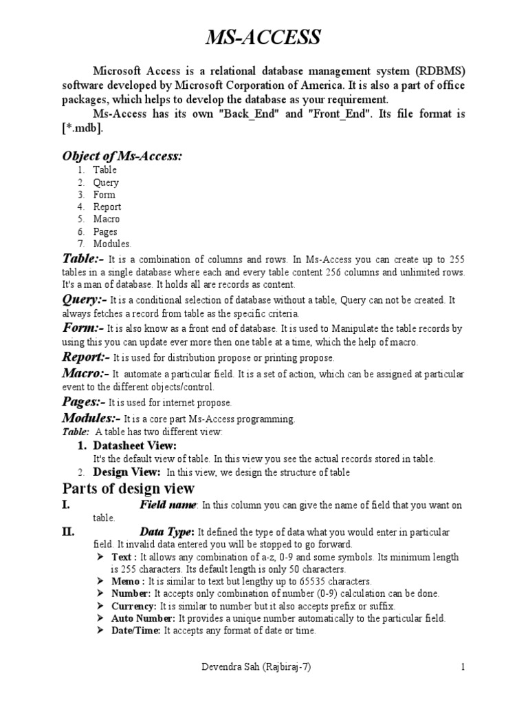 Ms-Access Note | PDF | Relational Database | Table (Database)