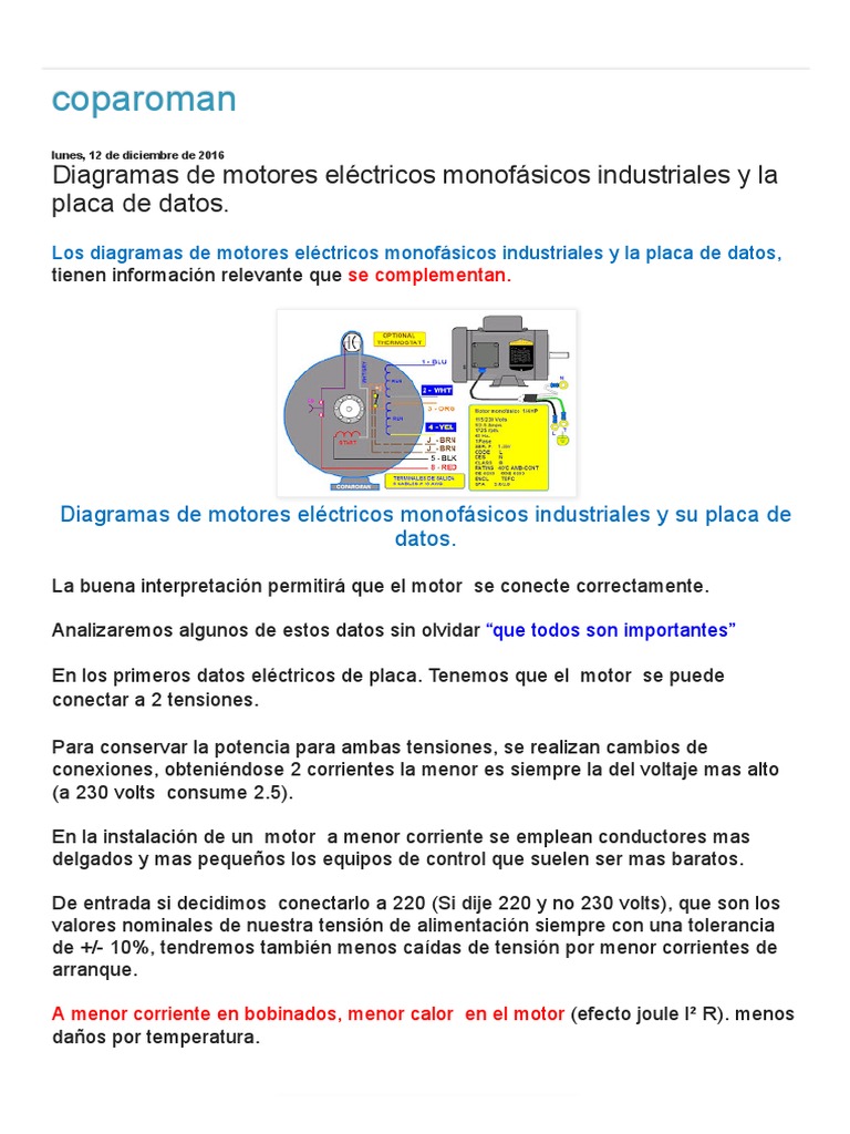 Diagramas De Motores Eléctricos Monofásicos Industriales Y La Placa De