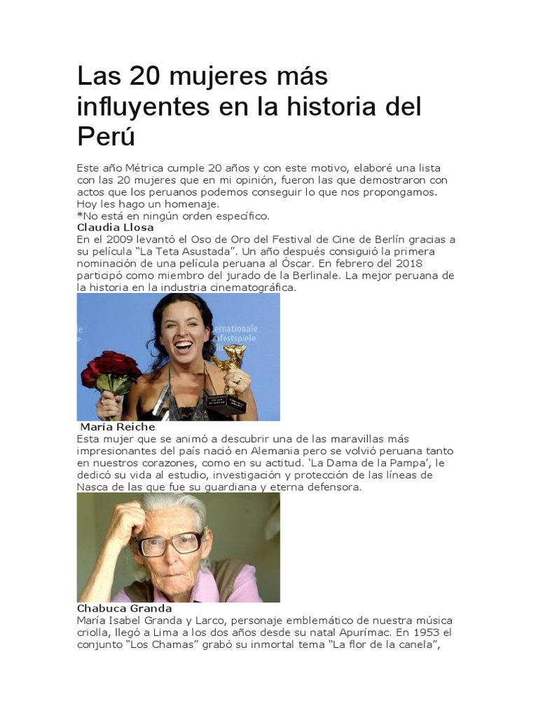Las 20 Mujeres Más Influyentes en La Historia Del Perú | PDF | Perú ...