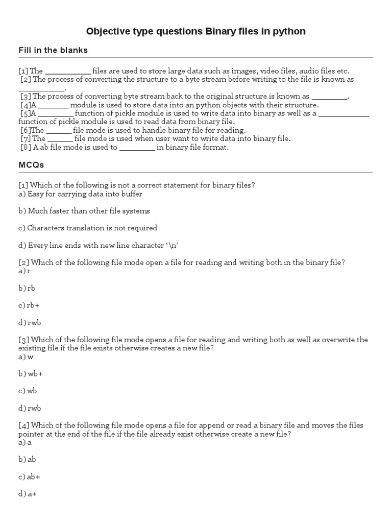Objective Type Questions Binary Files In Python Pdf Computer File Data Management