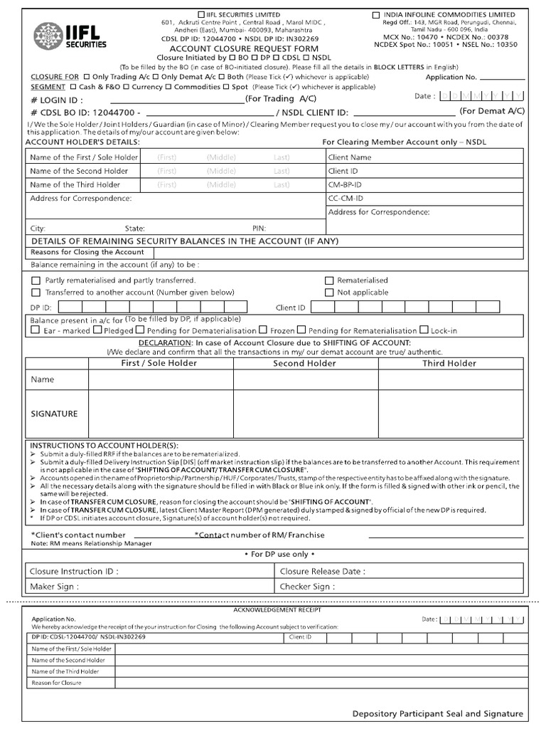 CDSL NSDL Account Closure Form Final Revised | PDF