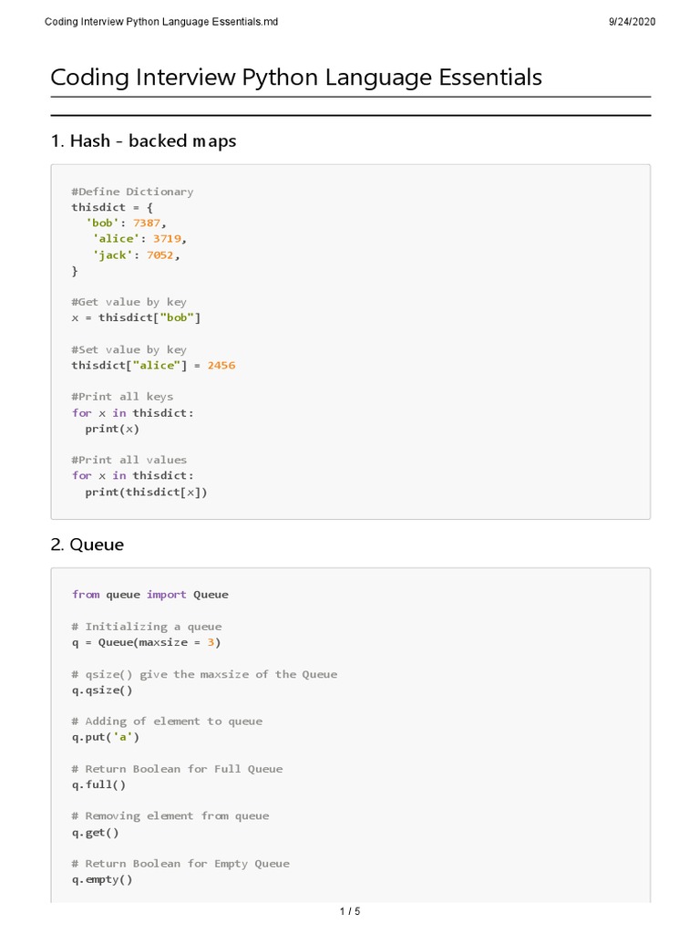 Coding Interview Python Language Essentials Pdf Queue Abstract Data Type String 
