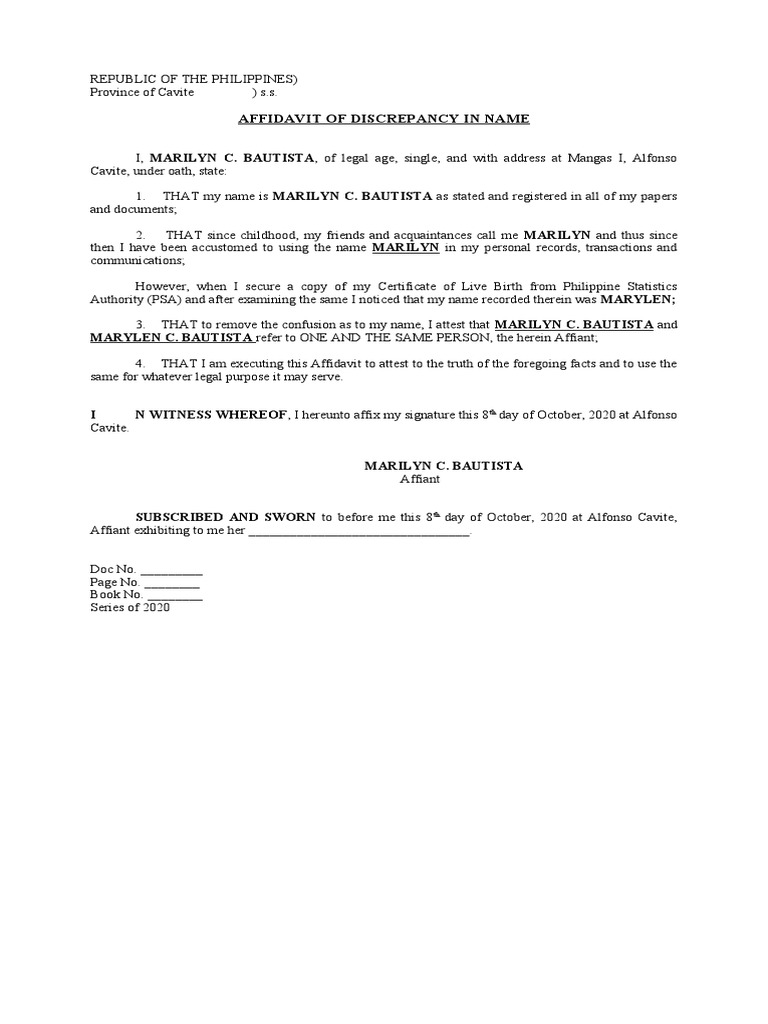 Affidavit of Discrepancy in Name: MARYLEN C. BAUTISTA Refer To ONE AND ... Affidavit of Discrepancy in Name: MARYLEN C. BAUTISTA Refer To ONE AND ...