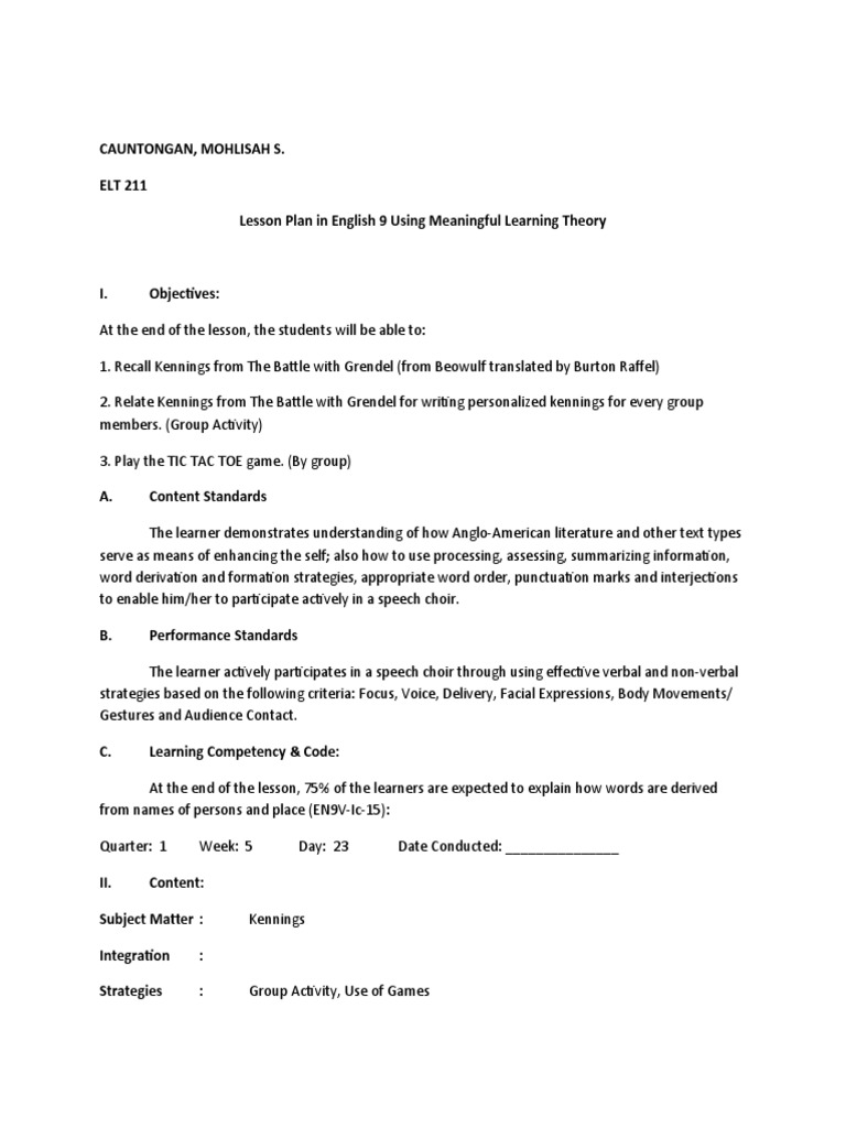 Lesson Plan Using Meaningful Learning Theory | PDF | Beowulf | Lesson Plan