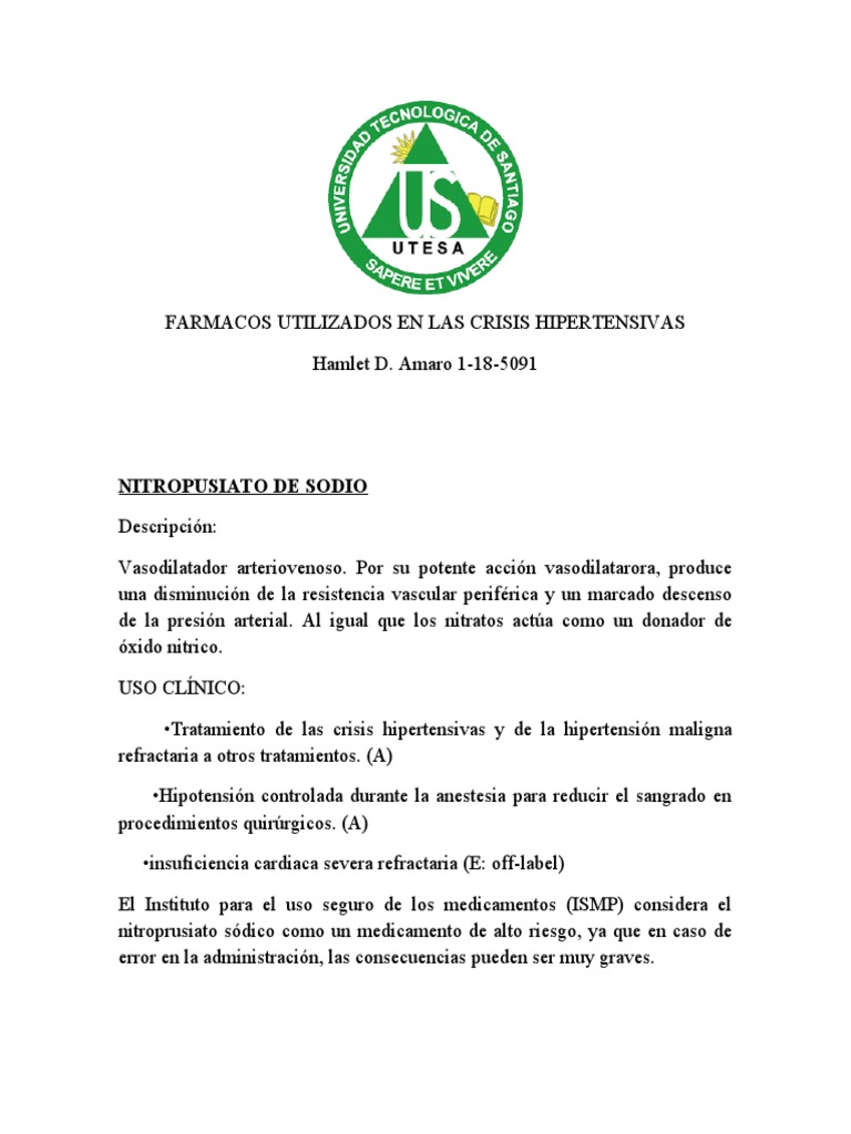 Farmacos Utilizados en Las Crisis Hipertensivas | PDF | Hipertensión ...