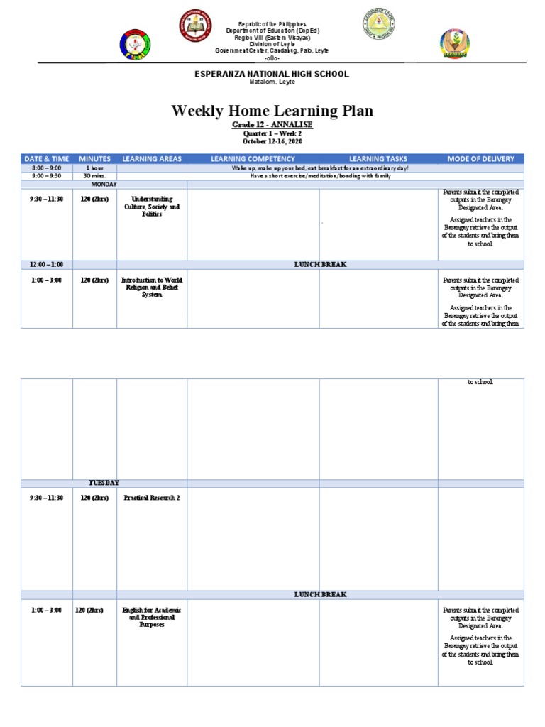 Weekly Home Learning Plan: Esperanza National High School | PDF ...