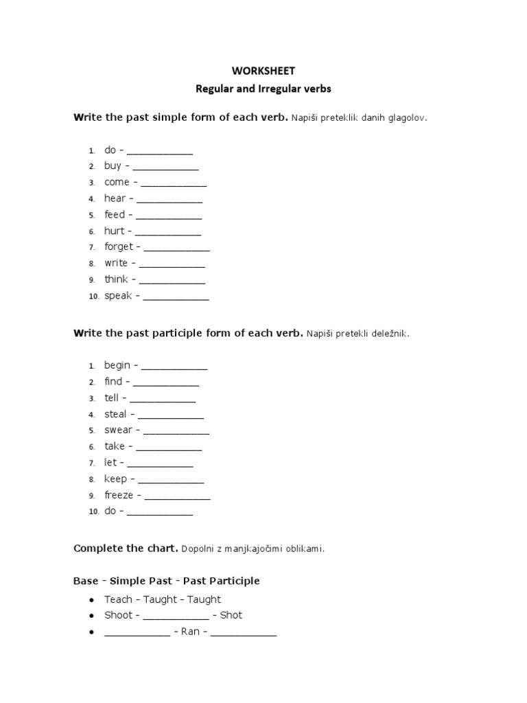 Worksheet Regular and Irregular Verbs: Write The Past Simple Form of ...
