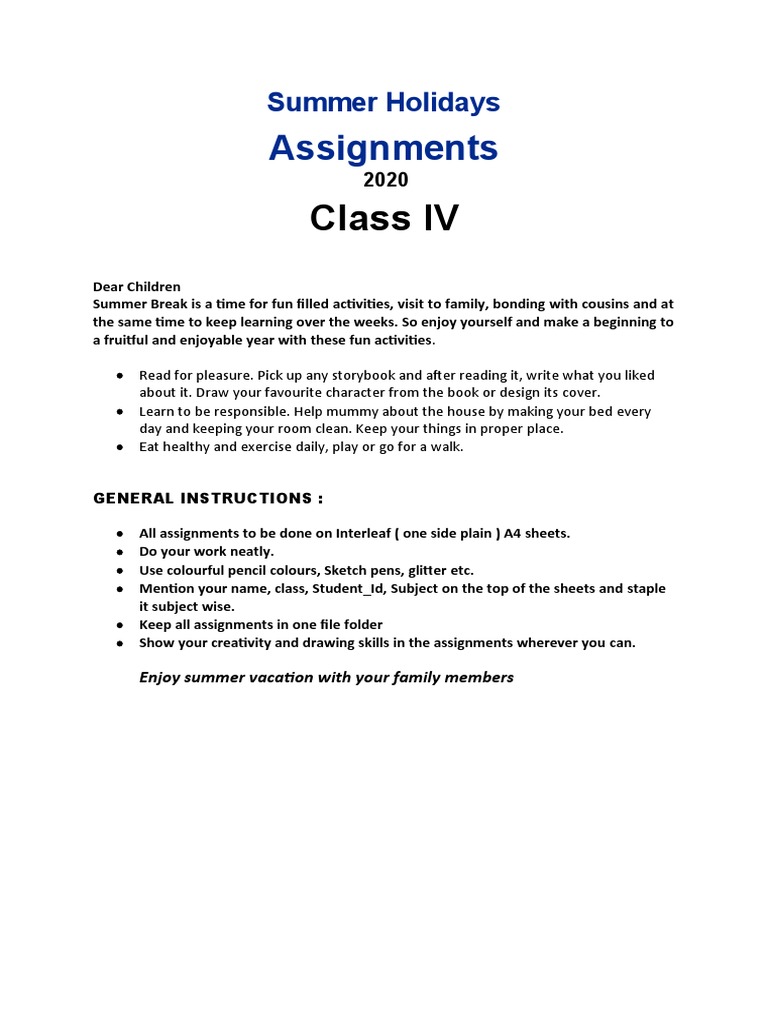 Summer Assignment Class 4 | PDF