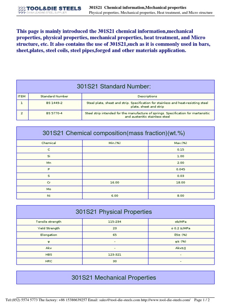 Data Table For Grades Stainless Steels & Special Steels 301S21 | PDF ...