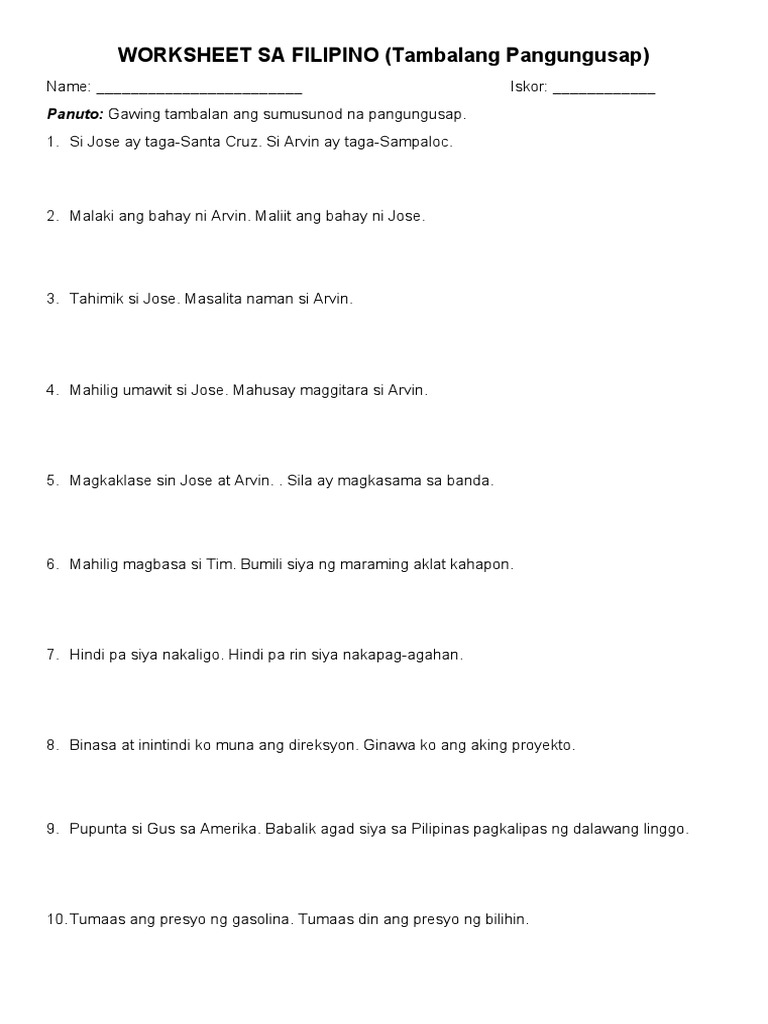Worksheet Sa Filipino | PDF