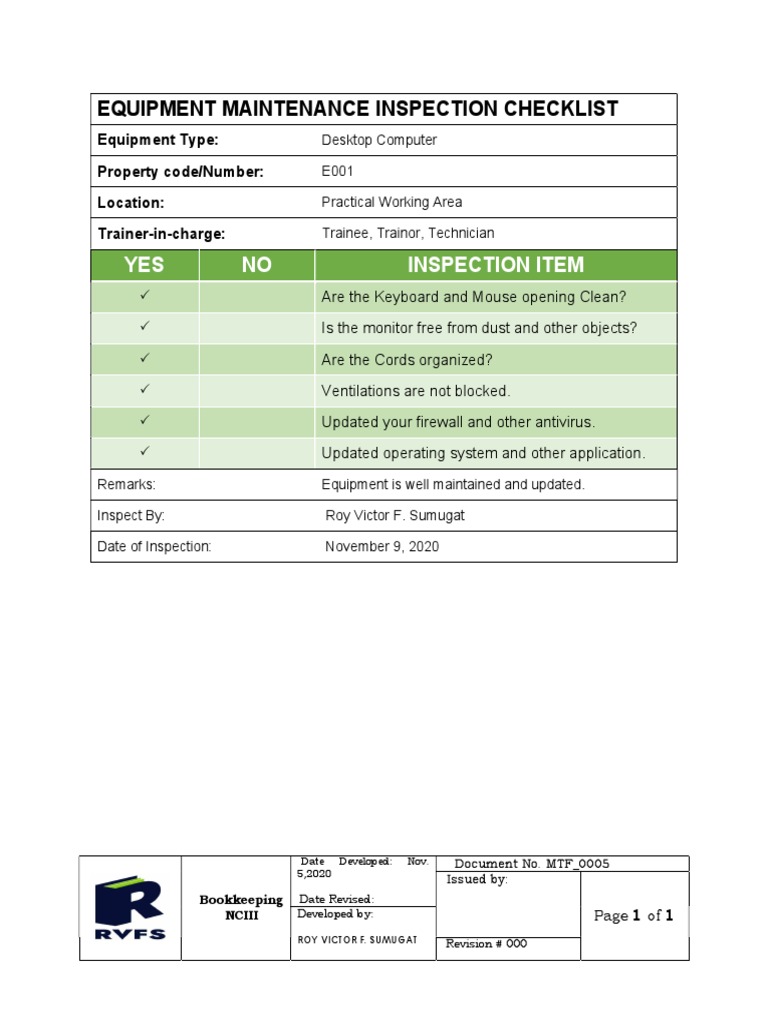 RVFS - Equipment Maintenance Inspection Checklist - Rev 1 | PDF