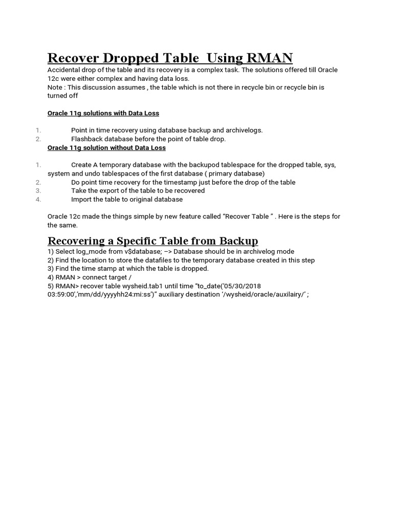 Recover Dropped Table Using RMAN: Recovering A Specific Table From ...