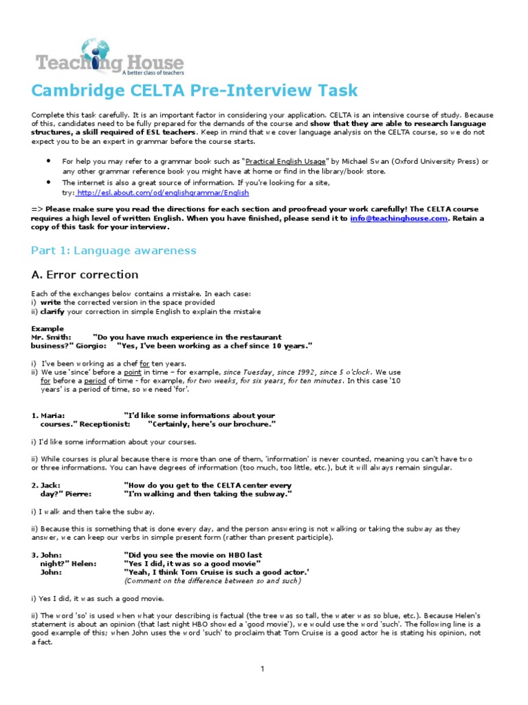 Cambridge CELTA Pre-Interview Task: Part 1: Language Awareness | PDF | Stress (Linguistics) | Syntax