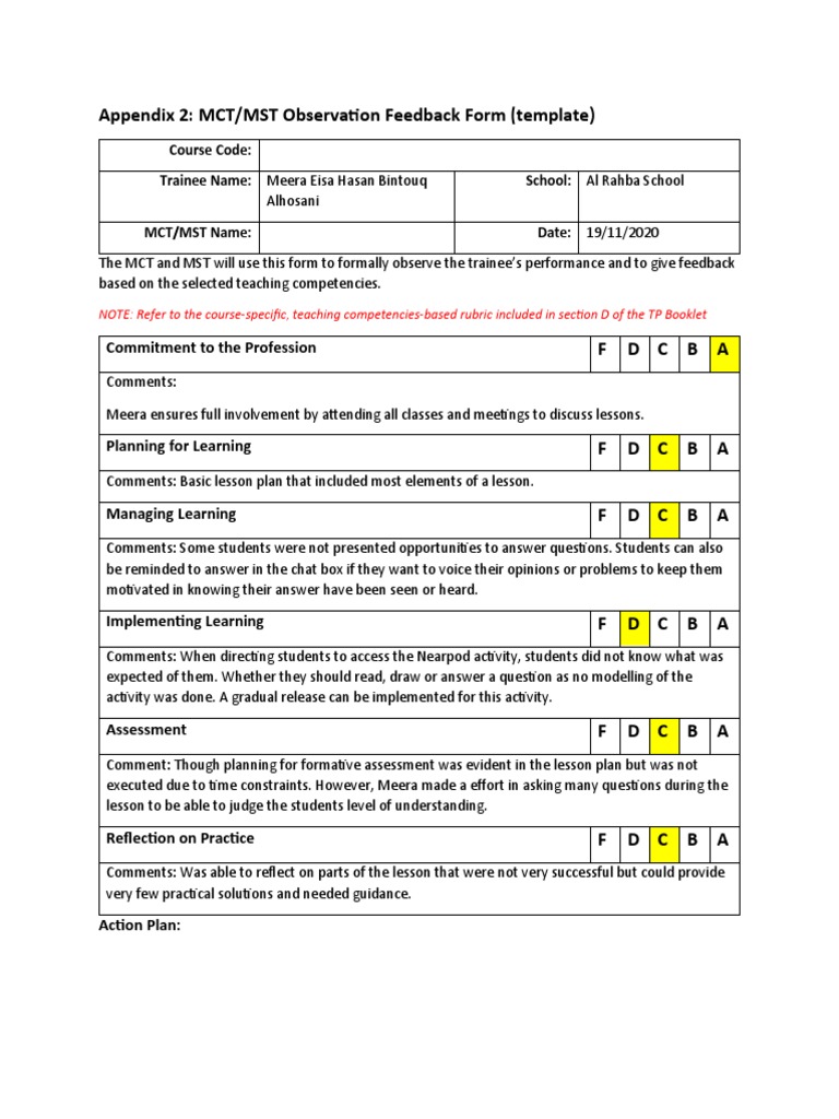 Observation Feedback Form - Meera Eisa - 1 | PDF