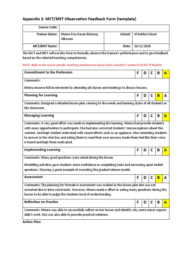 MCT/MST Observation Feedback Form Template | PDF | Lesson Plan ...