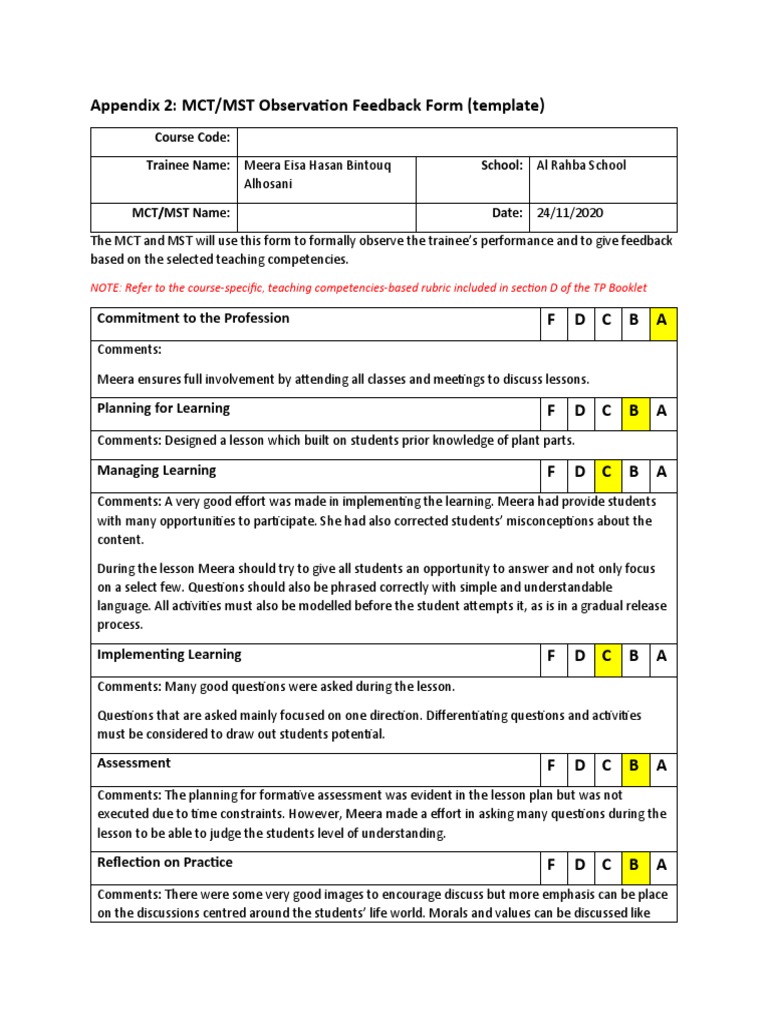 Observation Feedback Form - Meera Eisa | PDF | Educational Assessment ...