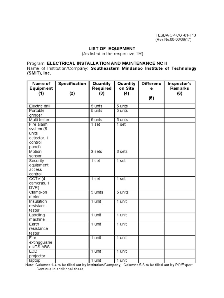 2b. TESDA-OP-CO-01-F13 EQUIPMENT | PDF