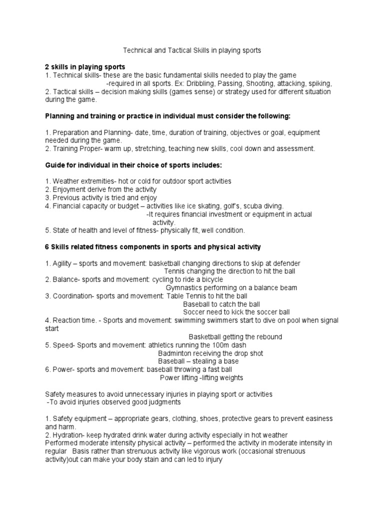 Technical And Tactical Skills In Playing Sports Pdf Sports