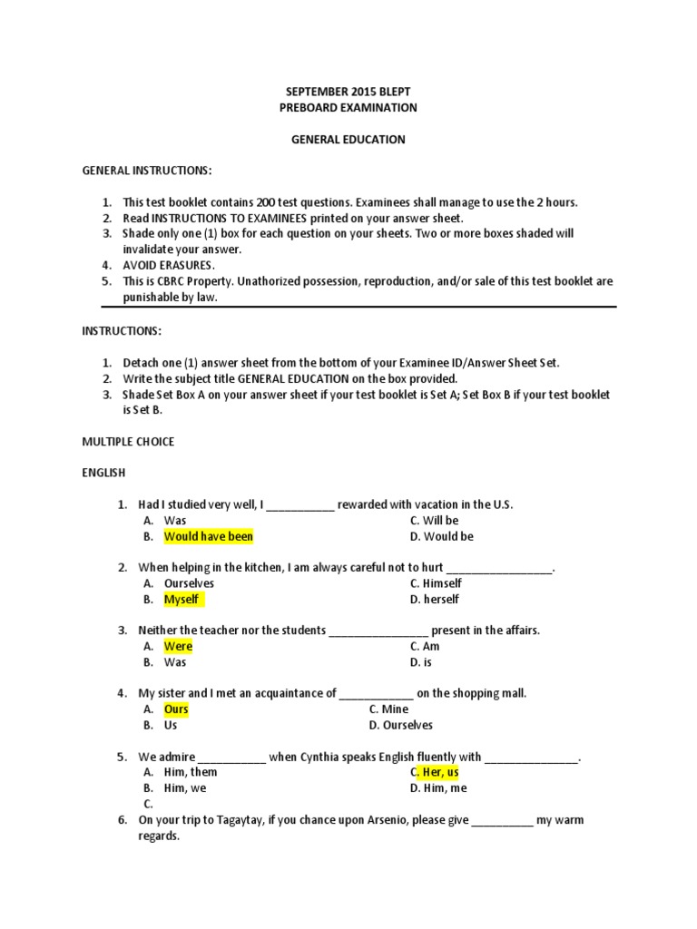 200 Items General Education Pre Board Exam With Answer Key PDF | PDF ...