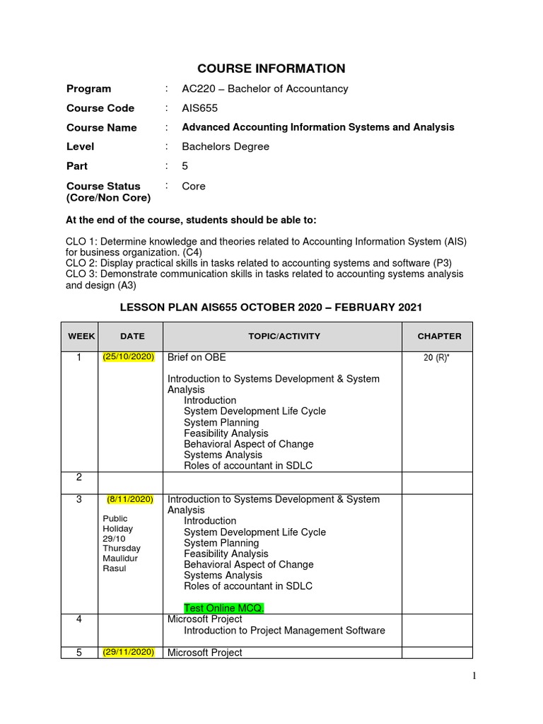 AA LESSON PLAN AIS655 - OCT 2020 - Student - Update18oct2020 | PDF | Information System ...