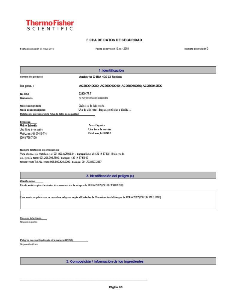 Ficha de Seguridad Amberlite IRA 402 Cl | PDF | Combustión | Dióxido de ...